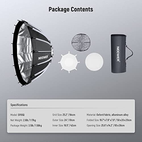 NEEWER 26inch/65cm Parabolic Softbox Quick Set up Quick Folding, with Diffusers/Honeycomb Grid/Bag, Compatible with Aputure 120d Light Dome Godox sl60w NEEWER RGB CB60 and Other Bowens Mount Lights