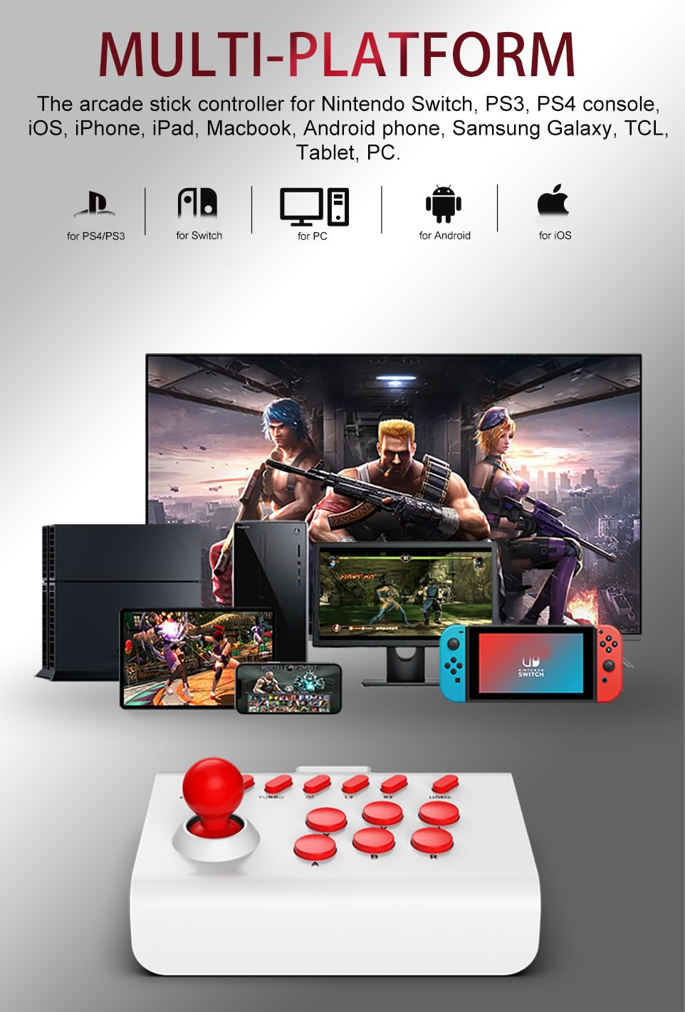 arVin Arcade Fight Stick Joystick Game Controller for iPhone iOS Android PC Fighting Stick for Nintendo Switch/PS3/PS4 Arcade Rocker Gamepad with Turbo & Marco for Emulators/Cloud/PS Remote Play/Steam