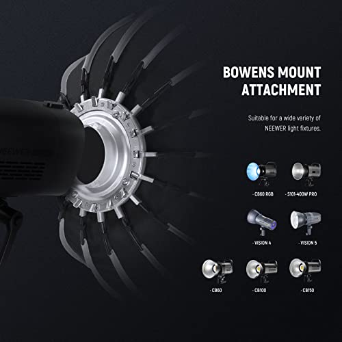 NEEWER 26inch/65cm Parabolic Softbox Quick Set up Quick Folding, with Diffusers/Honeycomb Grid/Bag, Compatible with Aputure 120d Light Dome Godox sl60w NEEWER RGB CB60 and Other Bowens Mount Lights