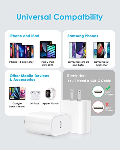 【2 Pack】 20W USB C Wall Charger for iPhone Charger Block with PD 3.0 USB C Adapter Fast Charging for iPhone 14/14 pro/14 plus/14 pro max/13/12/11/SE/XR/8, iPad Pro/Mini, Galaxy, Pixel 4/3 and More