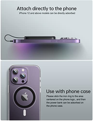 EMNT Small Magnetic Portable Charger for iPhone,5200mAh Mini Power Bank with Built-in Cable/Metal Stand, Battery Pack Compatible with iPhone 14/14 Plus/Pro Max/13/12/11/XS/XR/X/8/7/6/6s/Airpods More 5