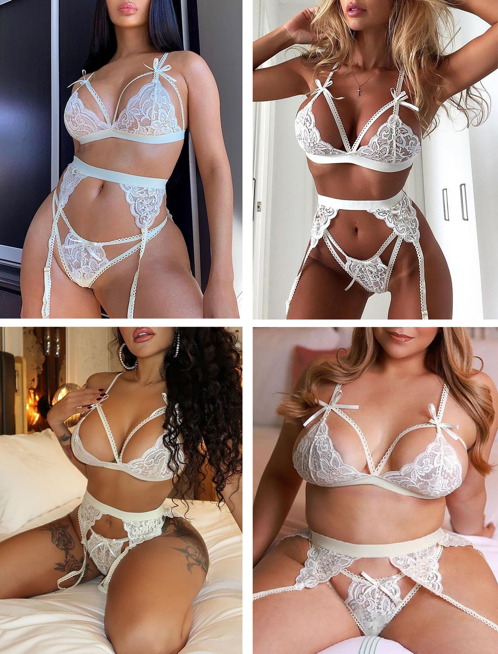 Avidlove Women Lingerie Set Lace Teddy Strap Babydoll Bodysuit with Garter Belts (White, Small)