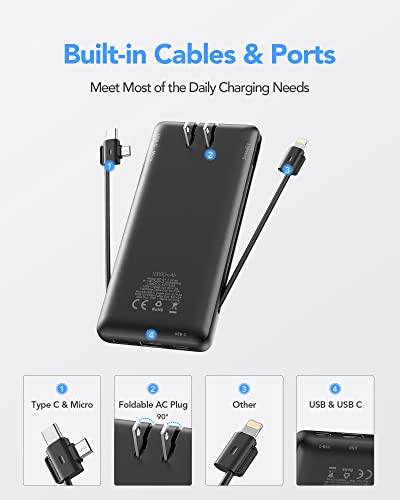 Portable Charger with Built-In Cables and AC Wall Plug,VRURC 10000mAh Phone Charger,5 Output & 2 Input LED Display External Battery Pack,Ultra Slim USB C Power Bank Compatible with Smart Devices-Black