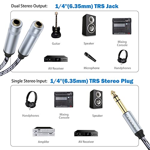 JOLGOO 1/4 Splitter Adapter Cable, 6.35mm Stereo Plug Male to Dual 6.35mm Jack Female Y Splitter Cable, 30cm/12 inches