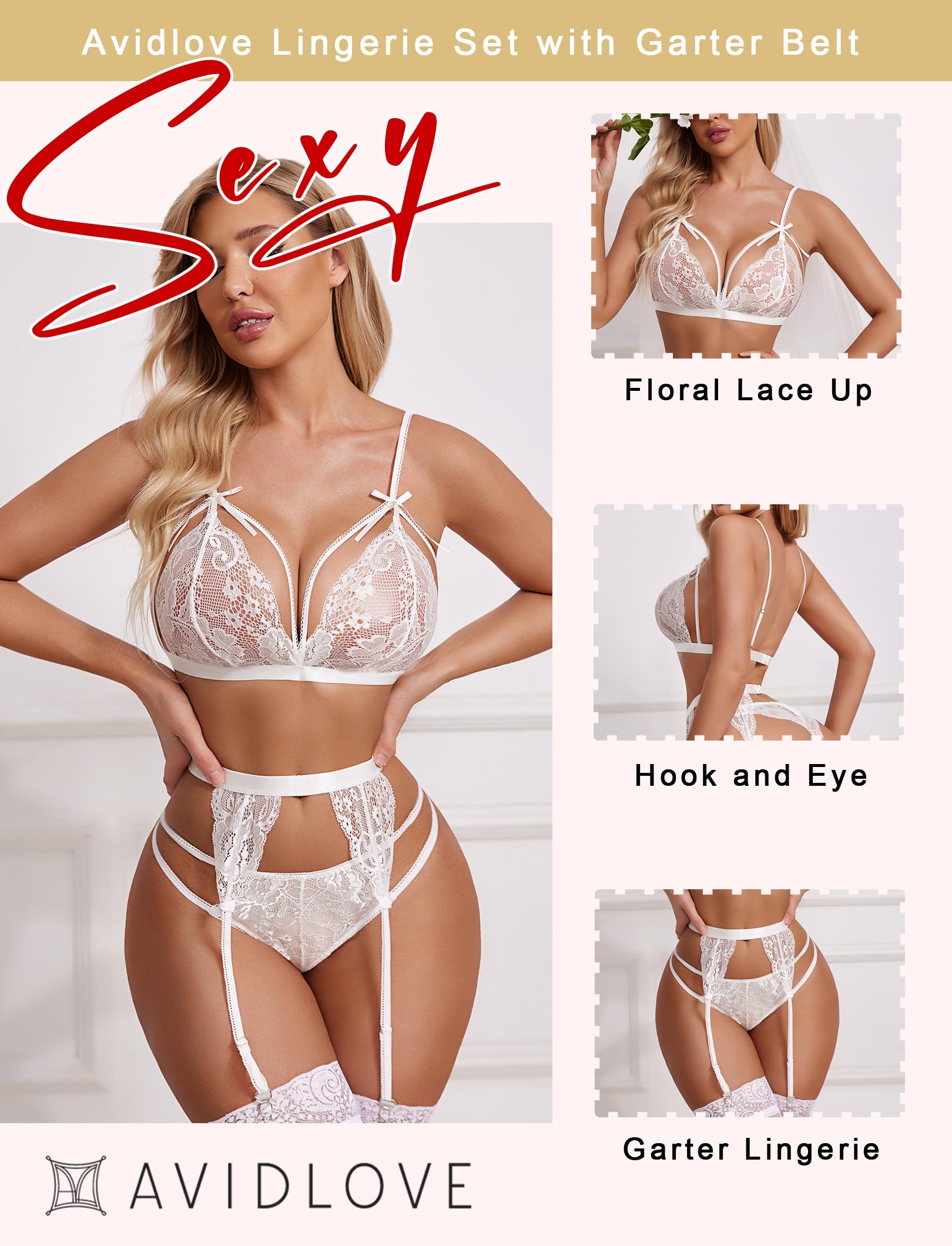 Avidlove Women Lingerie Set Lace Teddy Strap Babydoll Bodysuit with Garter Belts (White, Small)