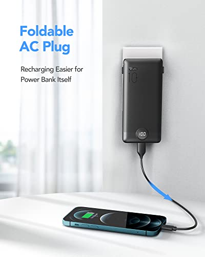 Portable Charger with Built-In Cables and AC Wall Plug,VRURC 10000mAh Phone Charger,5 Output & 2 Input LED Display External Battery Pack,Ultra Slim USB C Power Bank Compatible with Smart Devices-Black