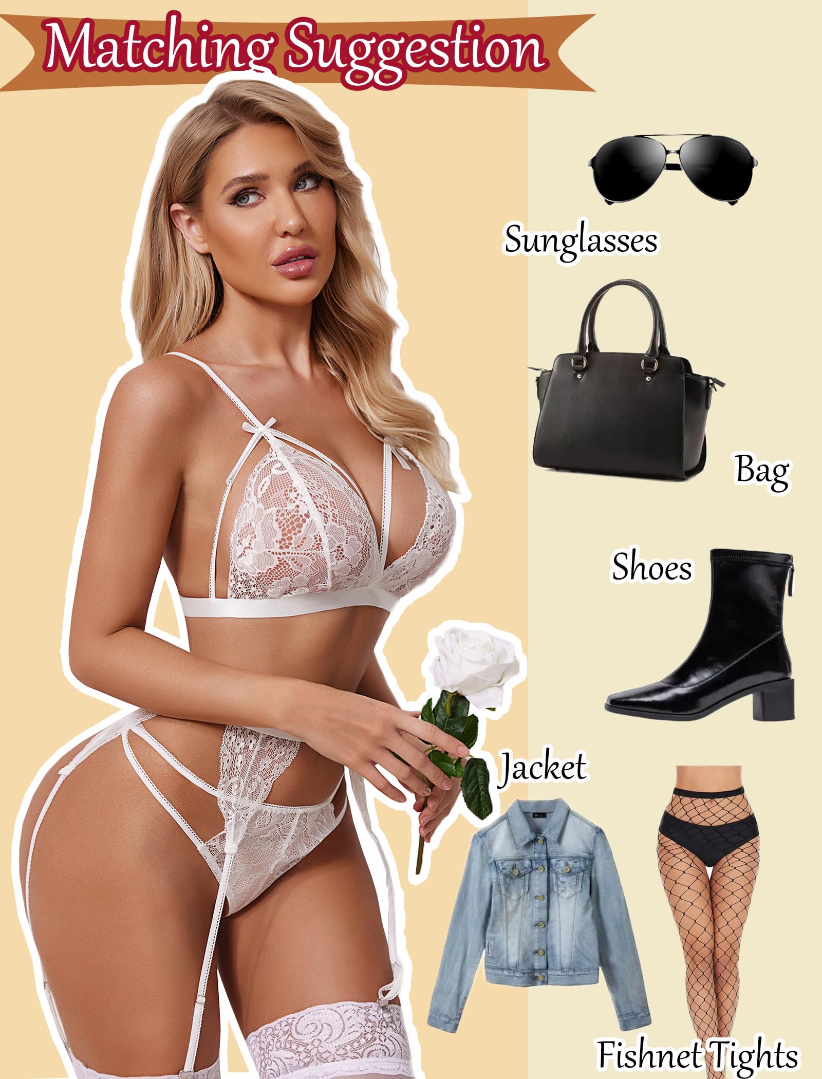 Avidlove Women Lingerie Set Lace Teddy Strap Babydoll Bodysuit with Garter Belts (White, Small)