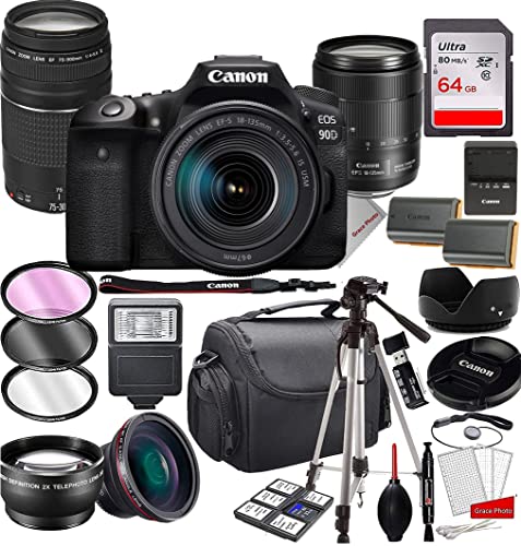 Grace Photo-Canon intl Canon EOS 90D DSLR Camera with 18-135mm is USM Zoom Lens & 75-300mm III Lens Bundle + 64GB Memory, Case, Tripod, Extra Battery and More, Black