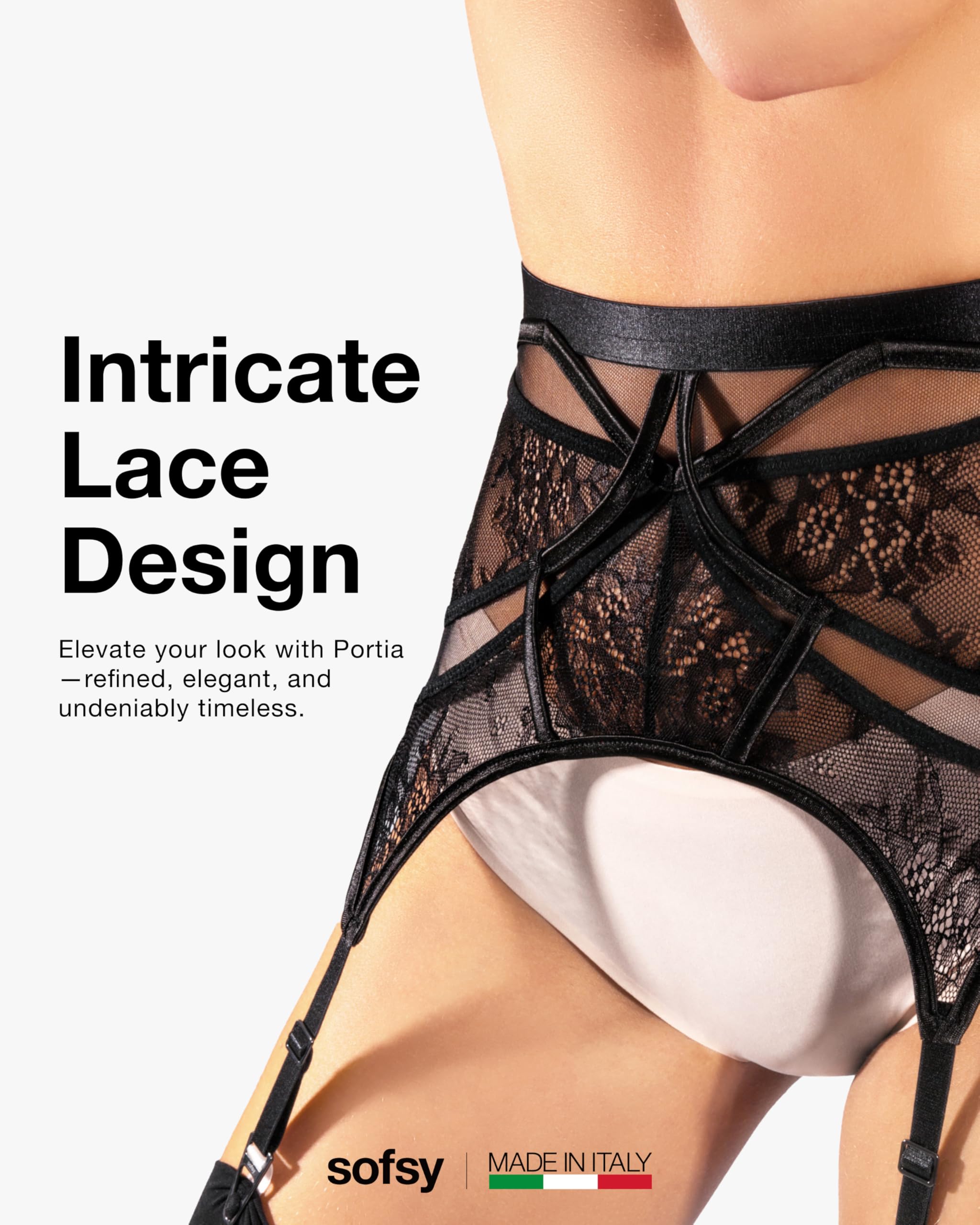 sofsy Retro Black Garter Belt Women Sexy | Lace Mesh High Waist Lingerie with 4-Strap Metal Clips for Thigh High Stockings Set - Large