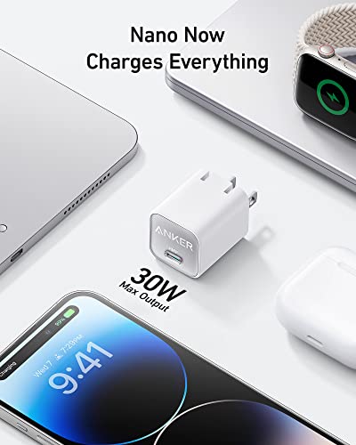 USB C GaN Charger 30W, Anker 511 Charger (Nano 3), PIQ 3.0 Foldable PPS Fast Charger for iPhone 14/14 Pro/14 Pro Max/13 Pro/13 Pro Max, Galaxy, iPad (Cable Not Included) - Aurora White