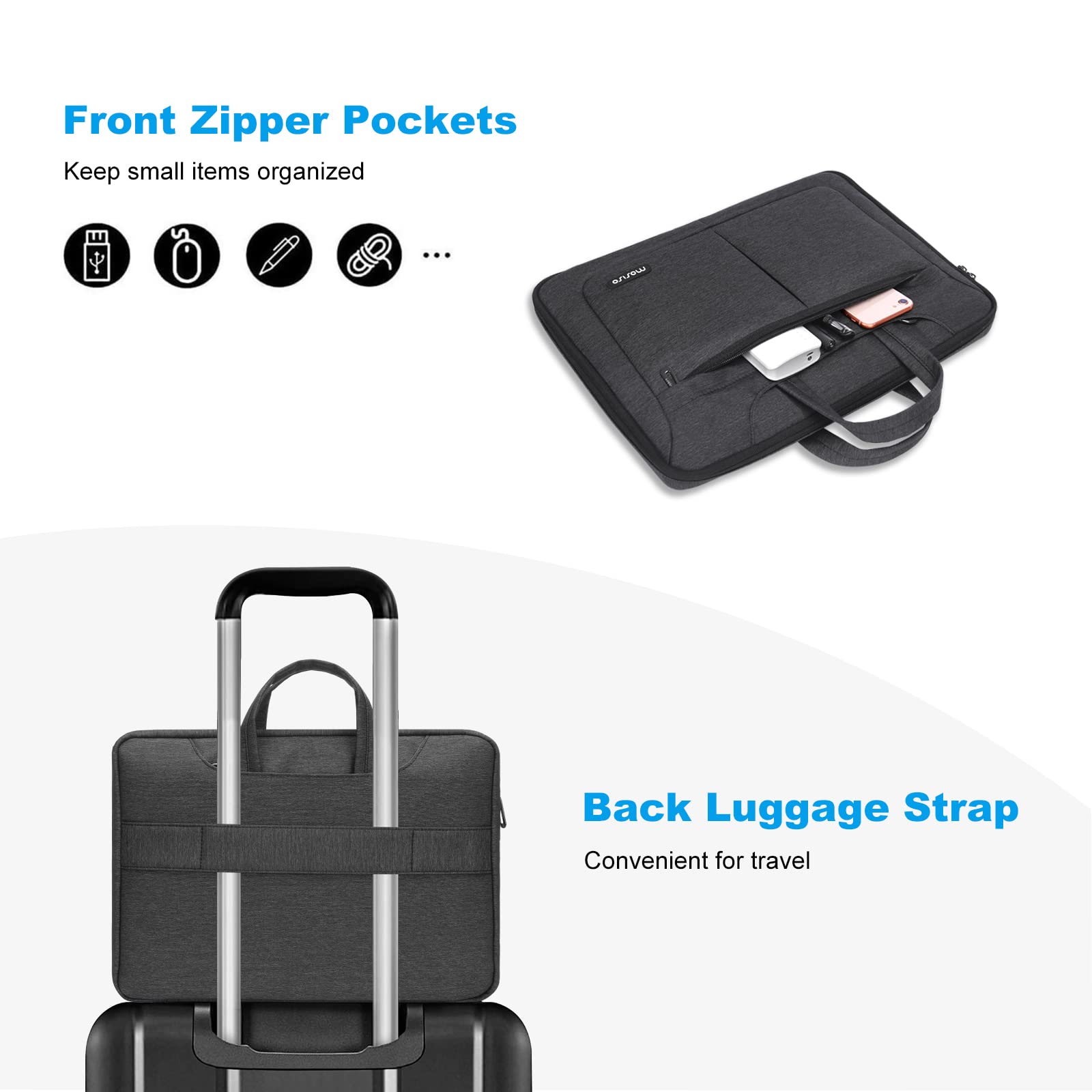 MOSISO Laptop Shoulder Bag, 15.6 inch Laptop Sleeve Compatible with MacBook, HP, Dell, Lenovo, Asus Notebook, 15 inch Fully Open Zipper Computer Bag with Front Pocket & Handle & Belt, Black