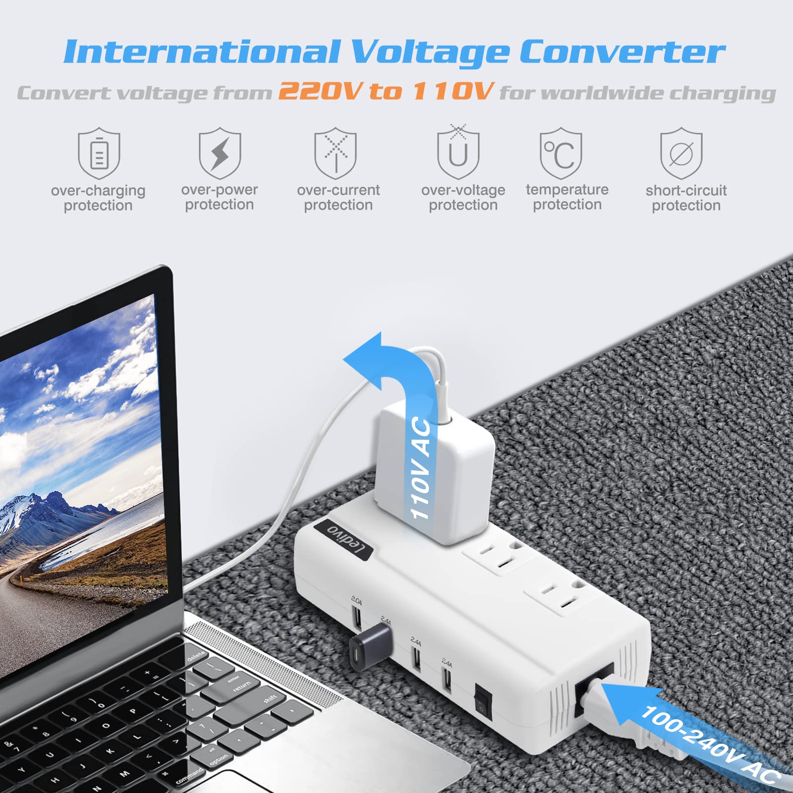 Travel Adapter Universal 220V to 110V Voltage Converter with 4-Port USB International Power Step Down UK/AU/US/EU Worldwide Plug Adapter