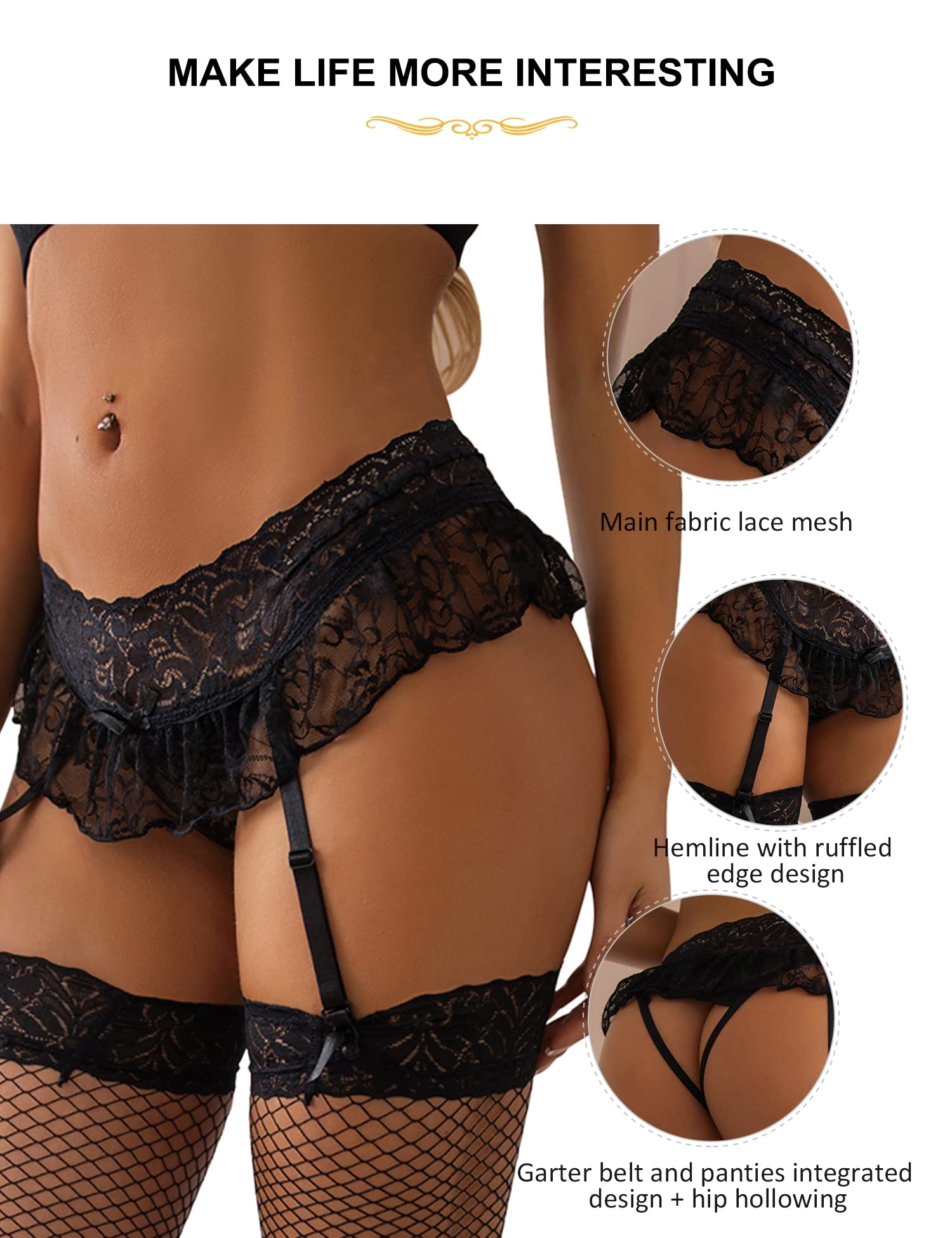 ohmydear Women High Waisted Garter Belt Plus Size Lace Garter Belt Set Mesh Suspender Belt for Stockings Black XL-2XL
