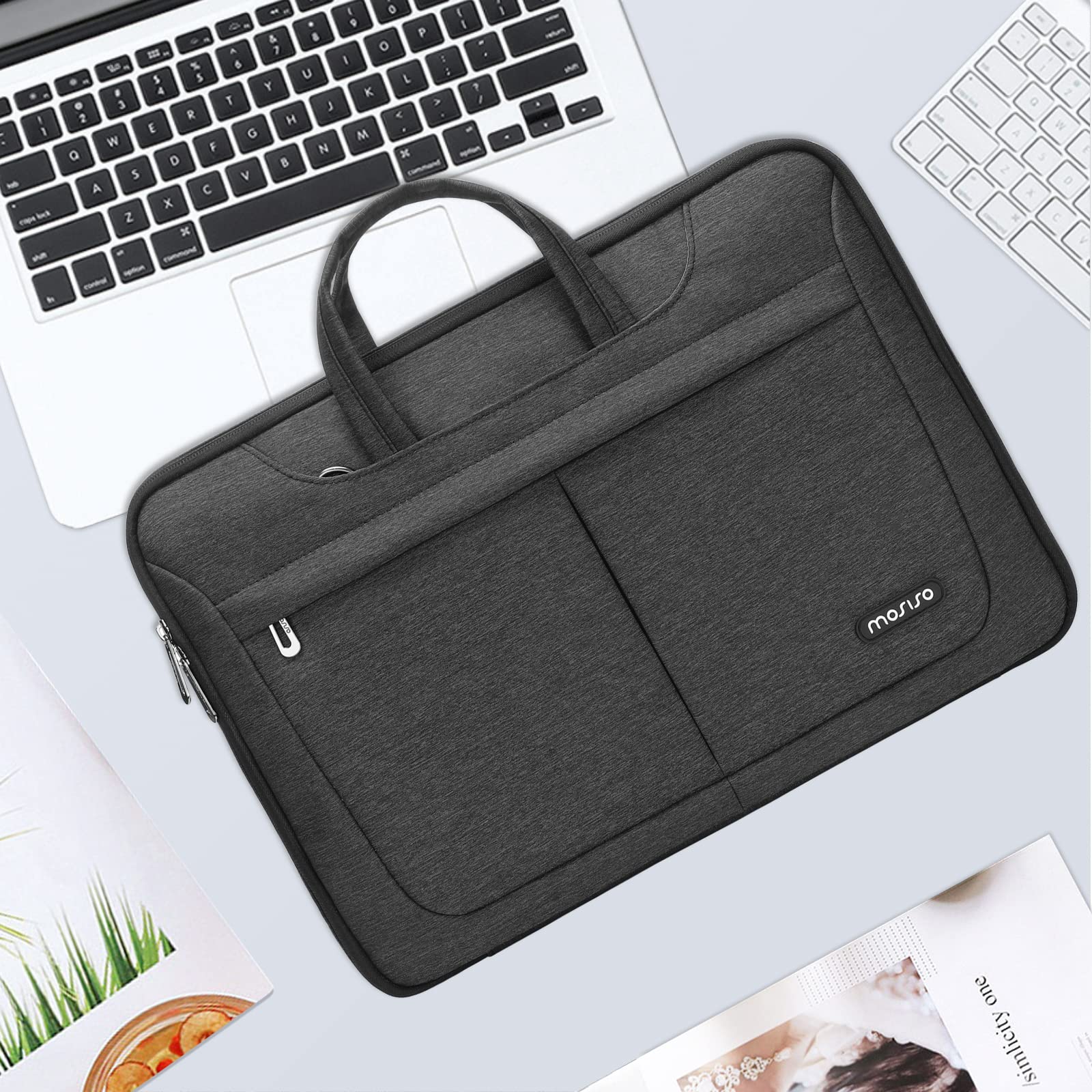 MOSISO Laptop Shoulder Bag, 15.6 inch Laptop Sleeve Compatible with MacBook, HP, Dell, Lenovo, Asus Notebook, 15 inch Fully Open Zipper Computer Bag with Front Pocket & Handle & Belt, Black