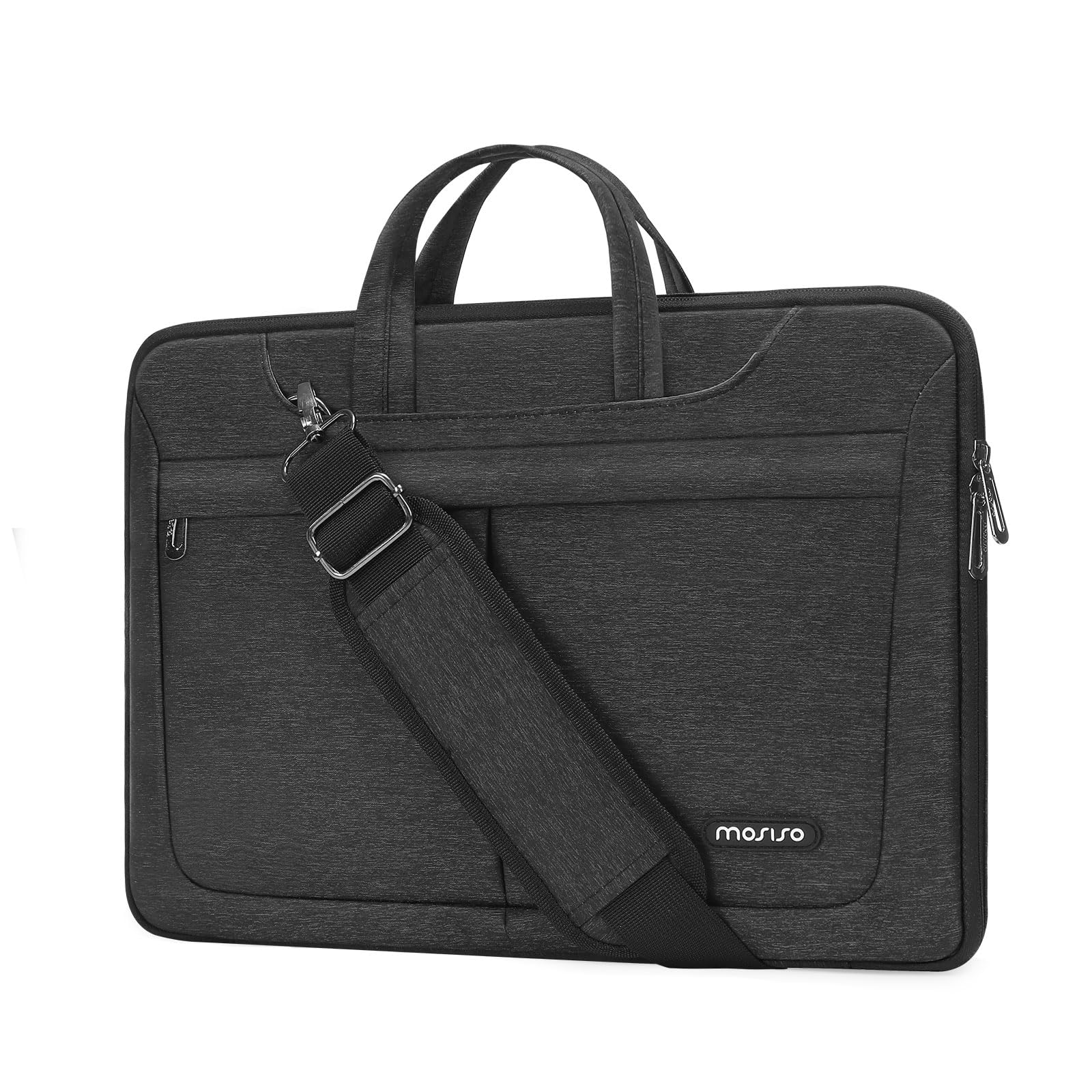MOSISO Laptop Shoulder Bag, 15.6 inch Laptop Sleeve Compatible with MacBook, HP, Dell, Lenovo, Asus Notebook, 15 inch Fully Open Zipper Computer Bag with Front Pocket & Handle & Belt, Black
