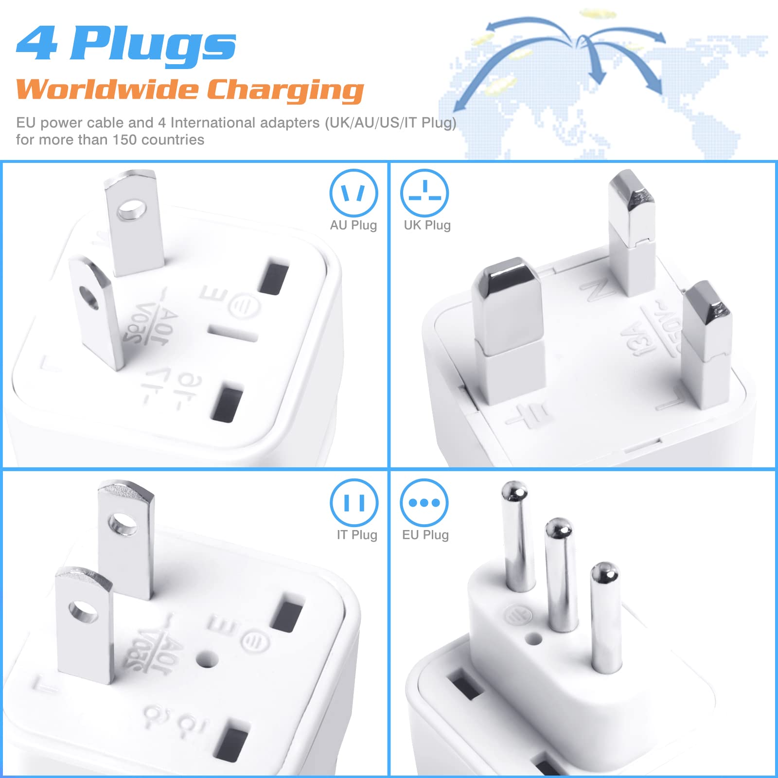 Travel Adapter Universal 220V to 110V Voltage Converter with 4-Port USB International Power Step Down UK/AU/US/EU Worldwide Plug Adapter