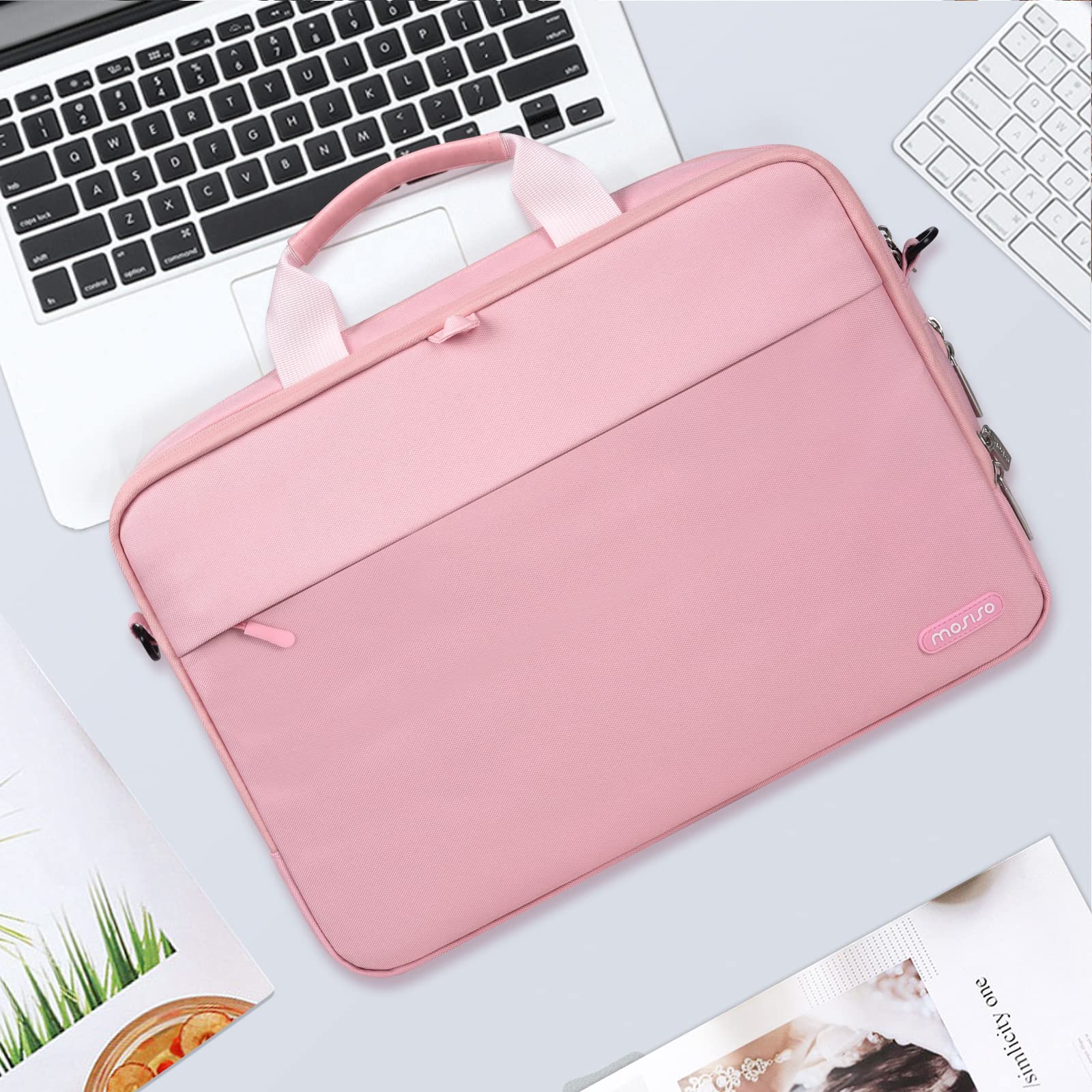 MOSISO Laptop Shoulder Bag Compatible with MacBook Pro 16 2023-2019 M2 A2780 M1 A2485 A2141,15-15.6 inch Notebook,Double Layer Messenger Bag with Horizontal Pocket&Adjustable Depth at Bottom&Belt,Pink