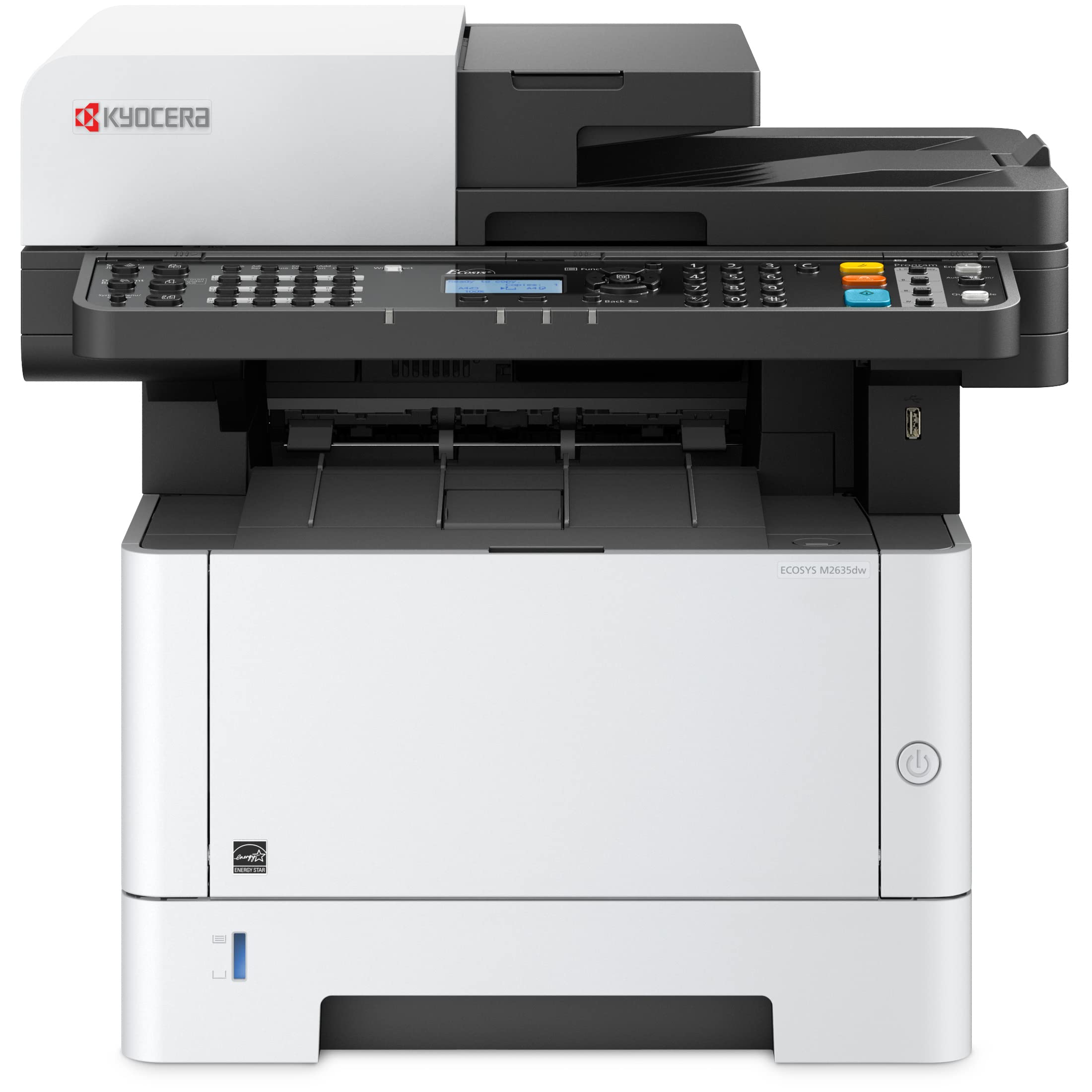 Kyocera ECOSYS M2635dw All-in-One Monochrome Laser Printer (Print/Copy/Scan/Fax), 37ppm, Up to Fine 1200 dpi, Gigabit Ethernet, USB, Wireless & Wi-Fi Direct, Mobile Print, 5 Line LCD w/Hard Key Panel