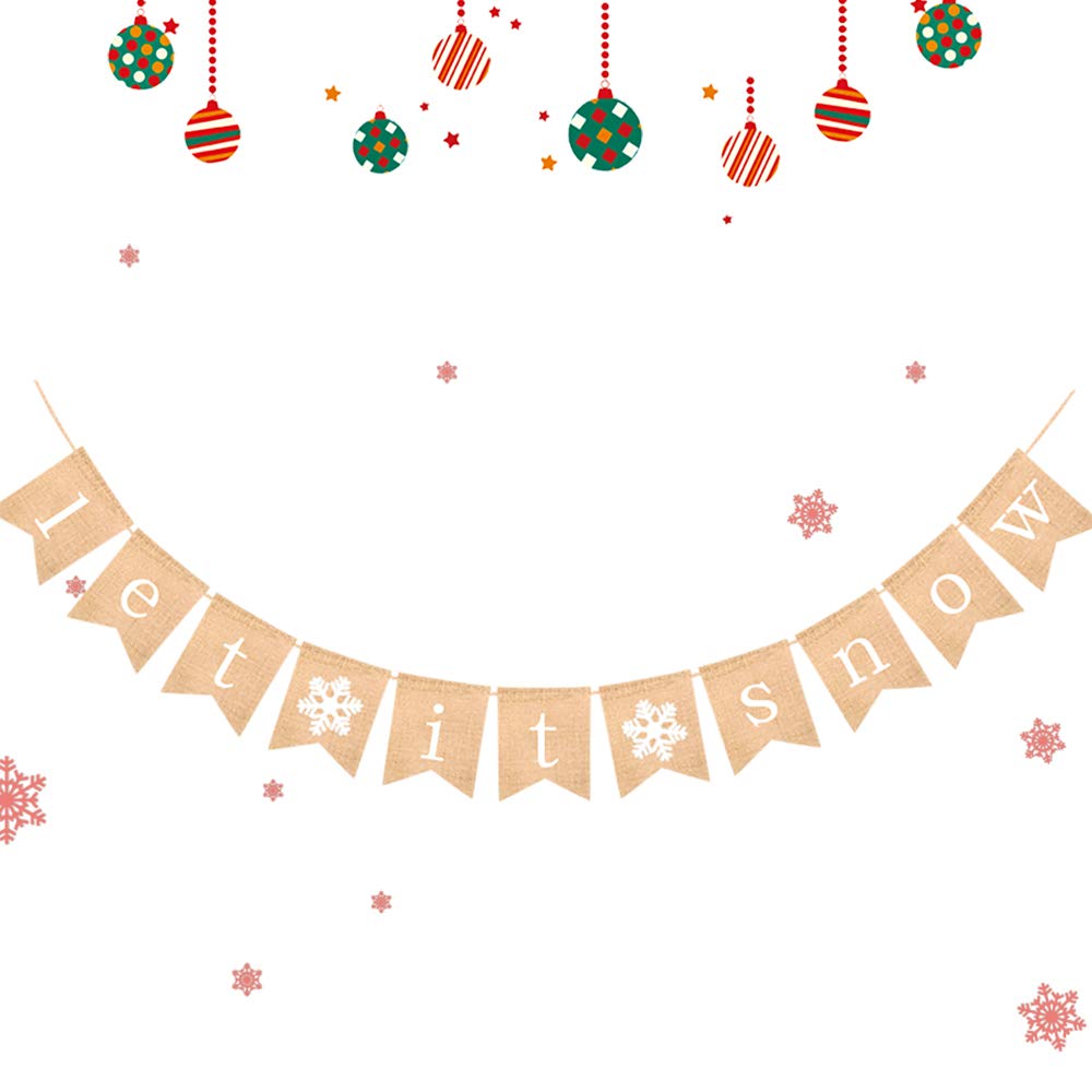 SWYOUN Burlap Let It Snow Banner with Snowflake Winter Christmas Party Supplies Fireplace Mantel Garland Decoration