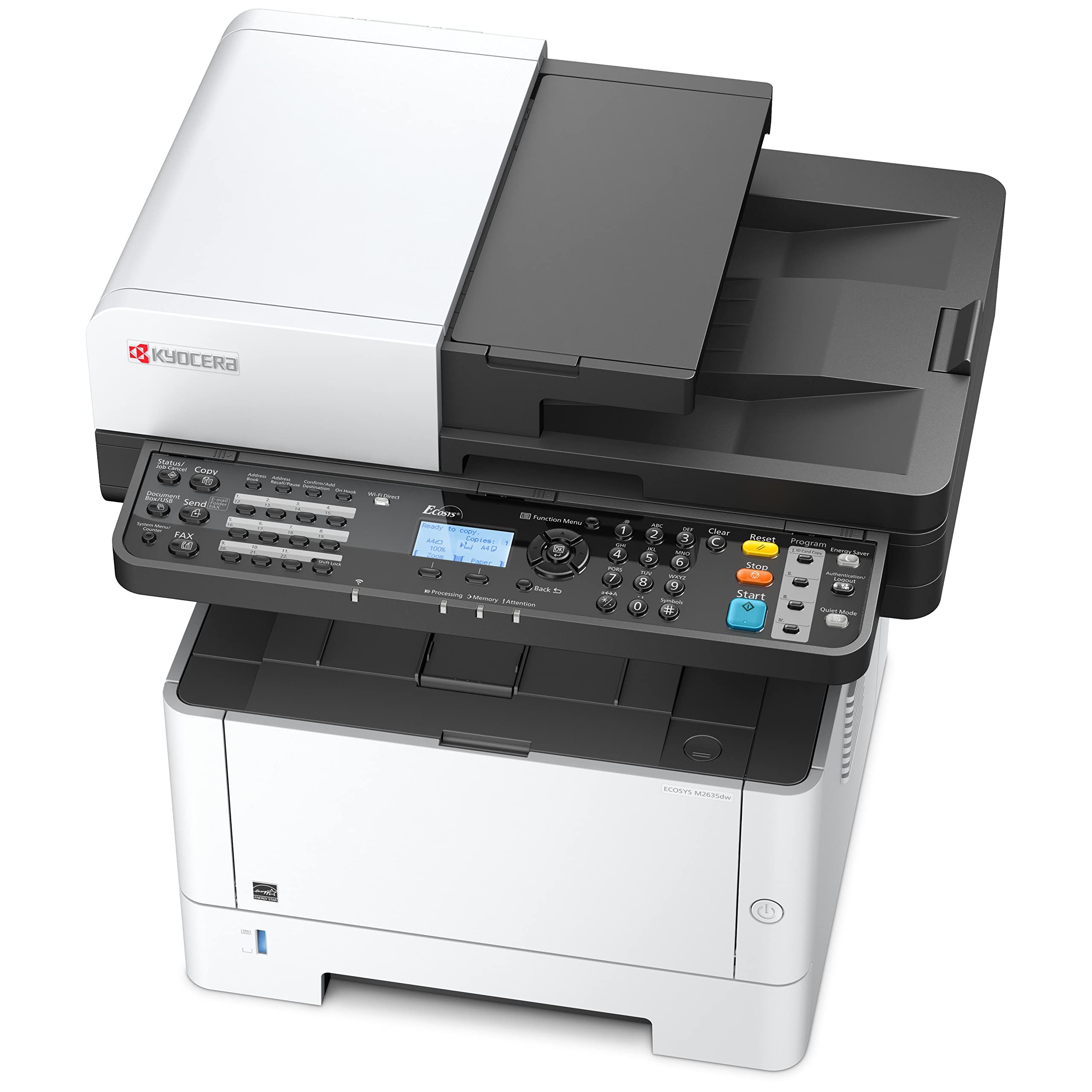 Kyocera ECOSYS M2635dw All-in-One Monochrome Laser Printer (Print/Copy/Scan/Fax), 37ppm, Up to Fine 1200 dpi, Gigabit Ethernet, USB, Wireless & Wi-Fi Direct, Mobile Print, 5 Line LCD w/Hard Key Panel