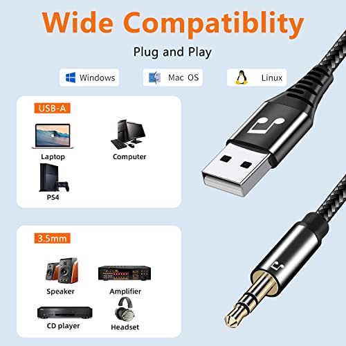 BOIOT 10 FT USB to 3.5mm TRS Audio Jack Adapter,USB Male to 3.5mm Male AUX Stereo Audio Cord,Compatibility with Laptop, Speaker, Windows,Not Applicable to Charging and MP3, Car, TV USB Ports (10FT)