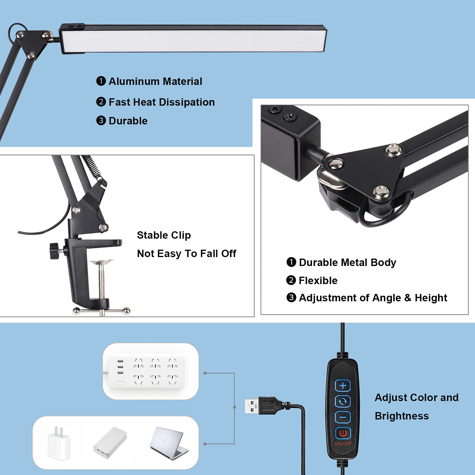 HaFundy LED Desk Lamp,Adjustable Eye-Caring Desk Light with Clamp,Swing Arm Lamp Includes 3 Color Modes,10 Brightness Levels Table Lamps with Memory Function,Desk Lamp for Home,Office,Reading(Black)