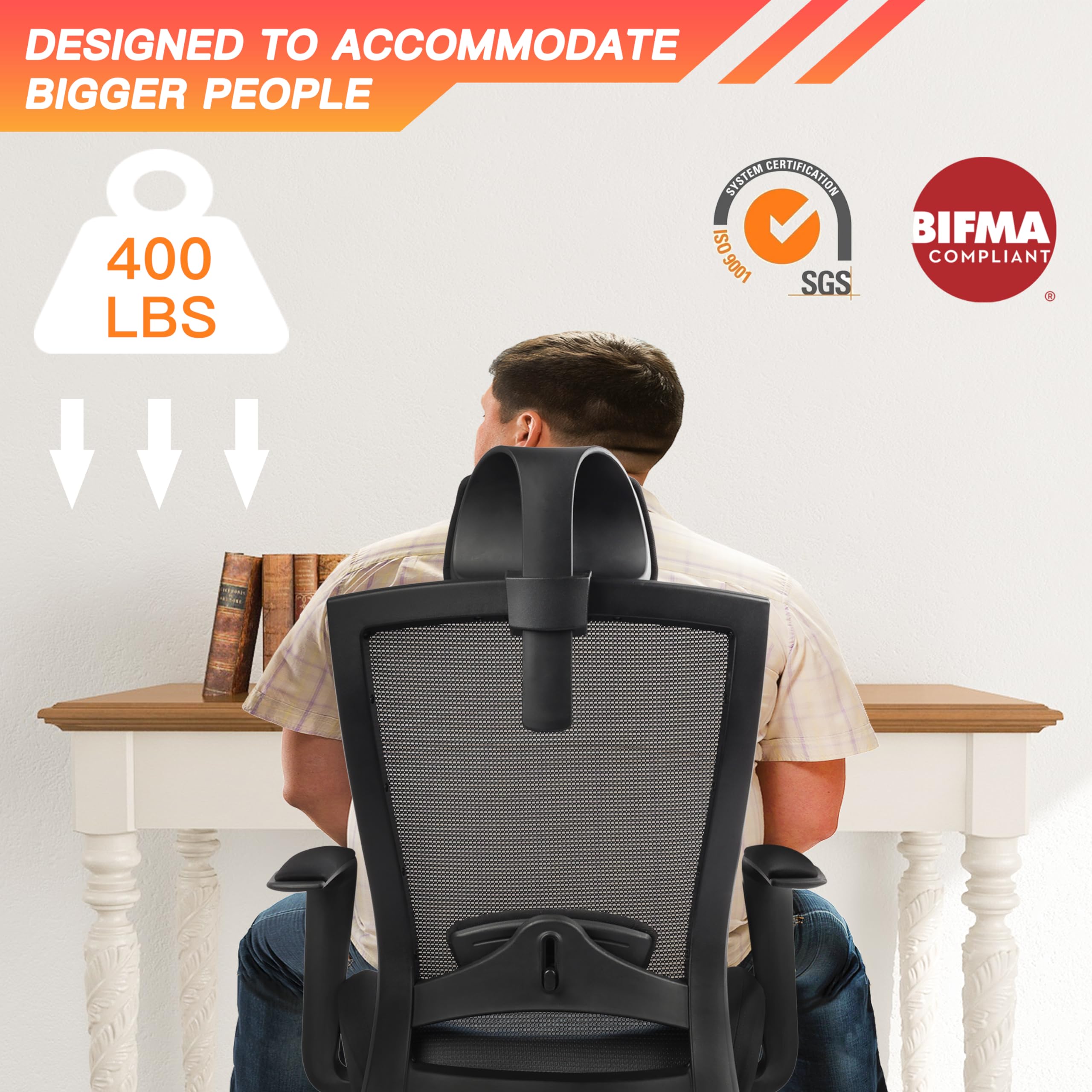 FAMSINGO Big and Tall Office Chair for Heavy People 400lb, Memory Sponge Cushion, Ergonomic Desk Chair Mesh Computer Chair, Adjustable Height, Headrest, and Lumbar Support, Black