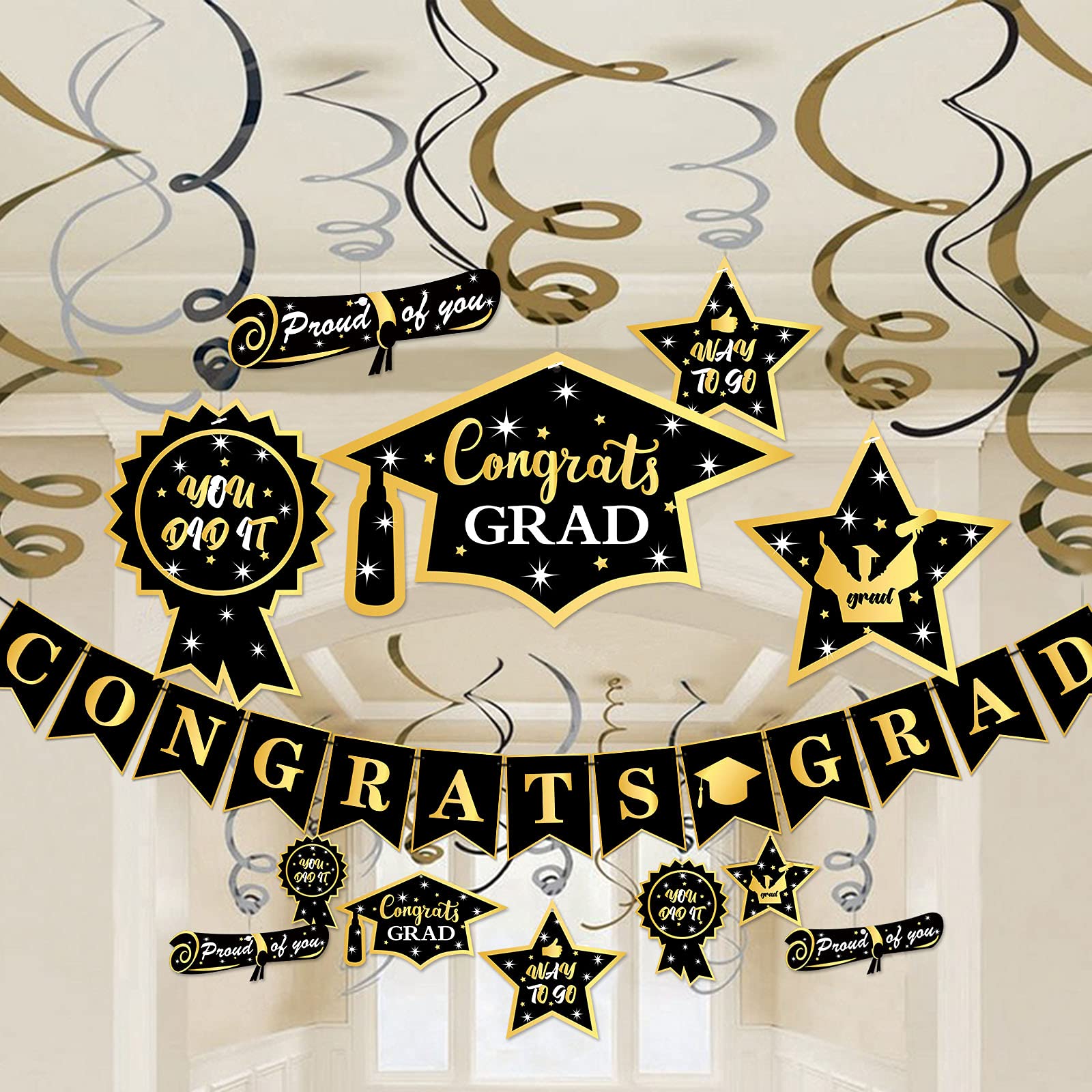 Graduation Hanging Swirl Banner Decorations Black Gold Star Banner Garland Party Supplies