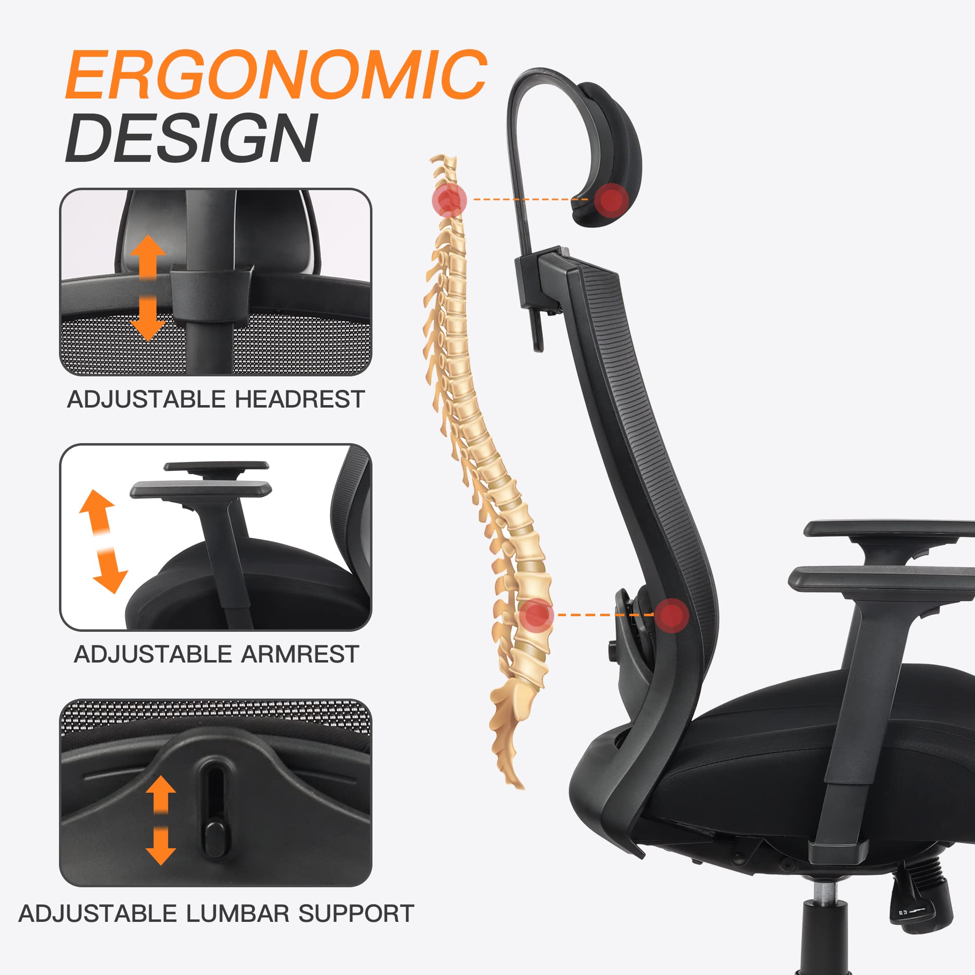 FAMSINGO Big and Tall Office Chair for Heavy People 400lb, Memory Sponge Cushion, Ergonomic Desk Chair Mesh Computer Chair, Adjustable Height, Headrest, and Lumbar Support, Black