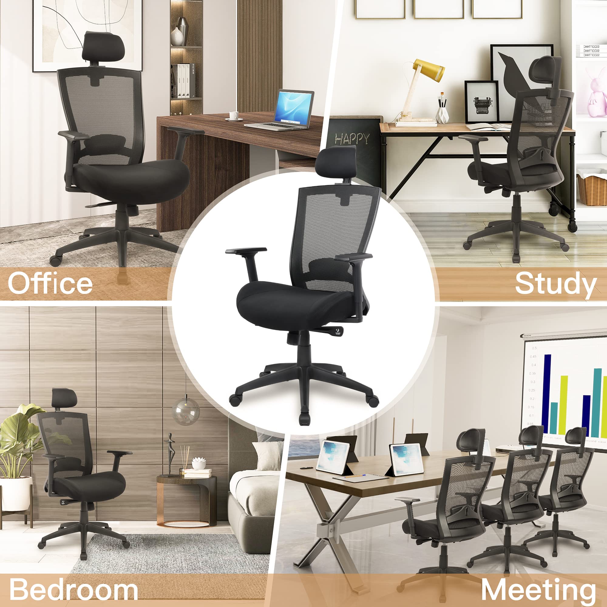 FAMSINGO Big and Tall Office Chair for Heavy People 400lb, Memory Sponge Cushion, Ergonomic Desk Chair Mesh Computer Chair, Adjustable Height, Headrest, and Lumbar Support, Black