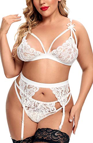 Women Plus Size Lingerie - Sexy Bow Lace Bodysuit Exotic Strap Harness Bra Panty Garter Belt 3pcs Set(White,3XL,688a)