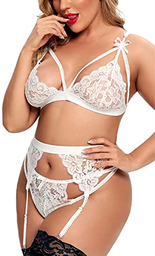 Women Plus Size Lingerie - Sexy Bow Lace Bodysuit Exotic Strap Harness Bra Panty Garter Belt 3pcs Set(White,3XL,688a)