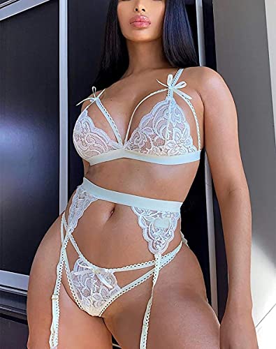 Women Plus Size Lingerie - Sexy Bow Lace Bodysuit Exotic Strap Harness Bra Panty Garter Belt 3pcs Set(White,3XL,688a)