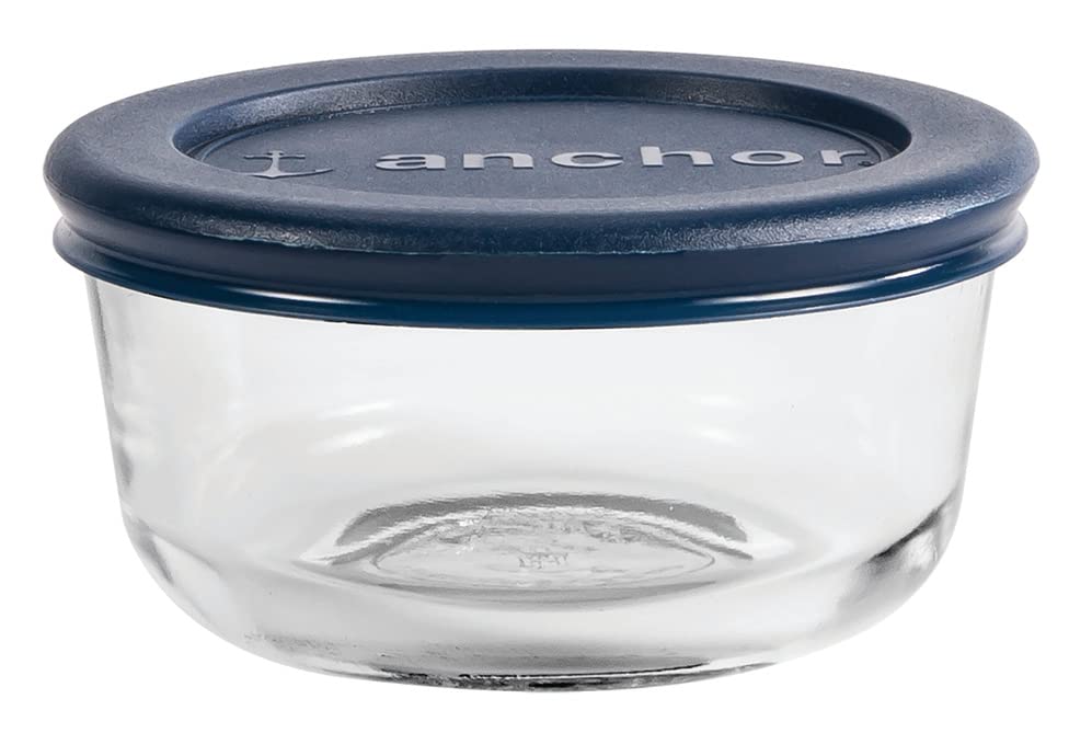 Anchor Hocking 1-Cup Round Food Storage Containers Clear glass with Blue Plastic Lids, Set of 6 -
