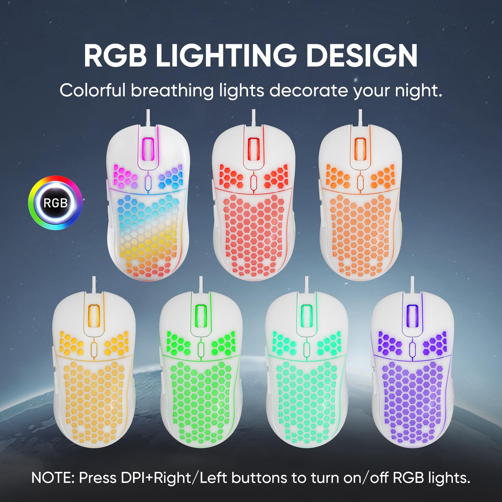 MELOGAGA Honeycomb Wired Gaming Mouse, USB/USB-C PC Game Mice with RGB Backlight, 6 Programmable Buttons, 6 Adjustable DPI Up to 7200 for Windows/PC/Mac/Laptop Gamer -White