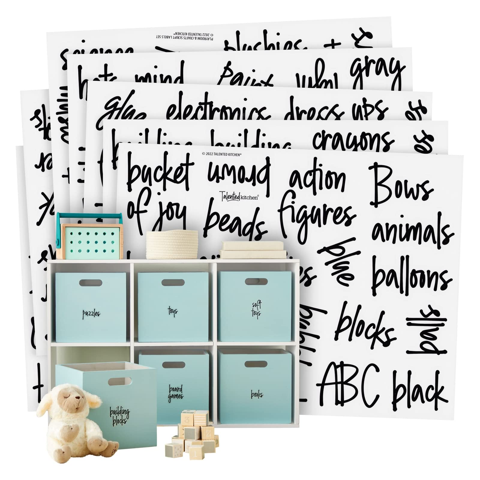 Talented Kitchen 147 Playroom Organization and Storage Labels for Toy Bins, Preprinted Black Script on Clear Vinyl Stickers for Crafts, Canisters, Baskets, and Closet (Water Resistant)