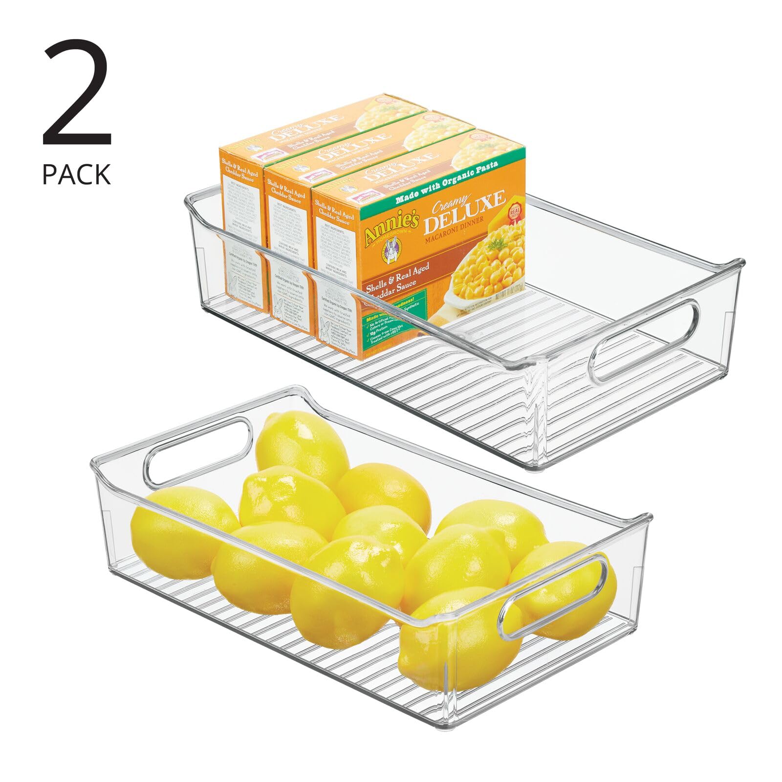 mDesign Slim Plastic Kitchen Storage Container Bins with Handles -Organization in Pantry, Cabinet, Refrigerator or Freezer Shelves - Food Organizer for Fruit, Yogurt, Squeeze Pouches - 4 Pack - Clear