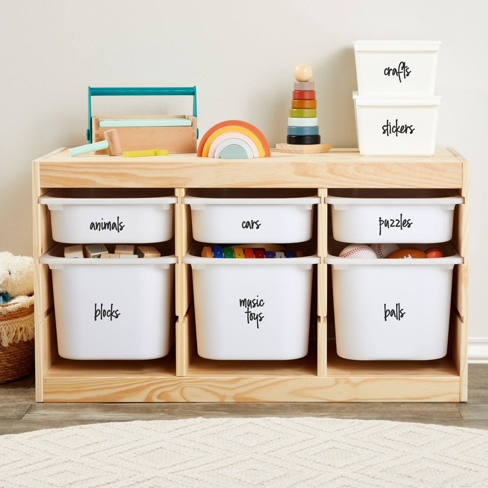 Talented Kitchen 147 Playroom Organization and Storage Labels for Toy Bins, Preprinted Black Script on Clear Vinyl Stickers for Crafts, Canisters, Baskets, and Closet (Water Resistant)