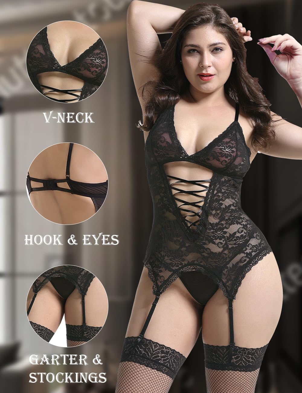 Anyou Plus size Lingerie for Women Stretchy Black Lace Teddy with Stockings Size XXL