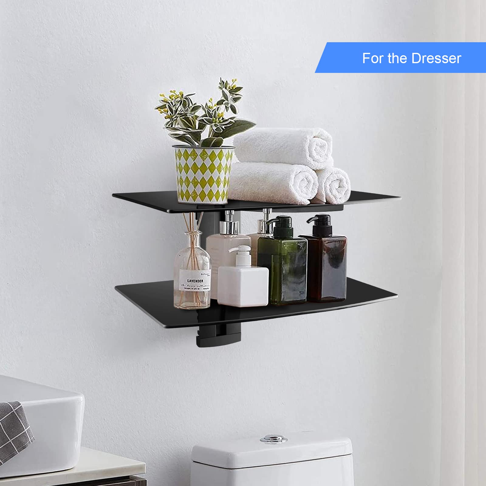 suptek Glass Floating Shelves, TV Wall Mount with Shelf for DVD Player / PS4 / Cable Boxes/Game Consoles/Sky Box/TV Accessories, Media Shelf, Flat Black Wall Mount Bracket, AV Shelf, 2 Tiers Shelves