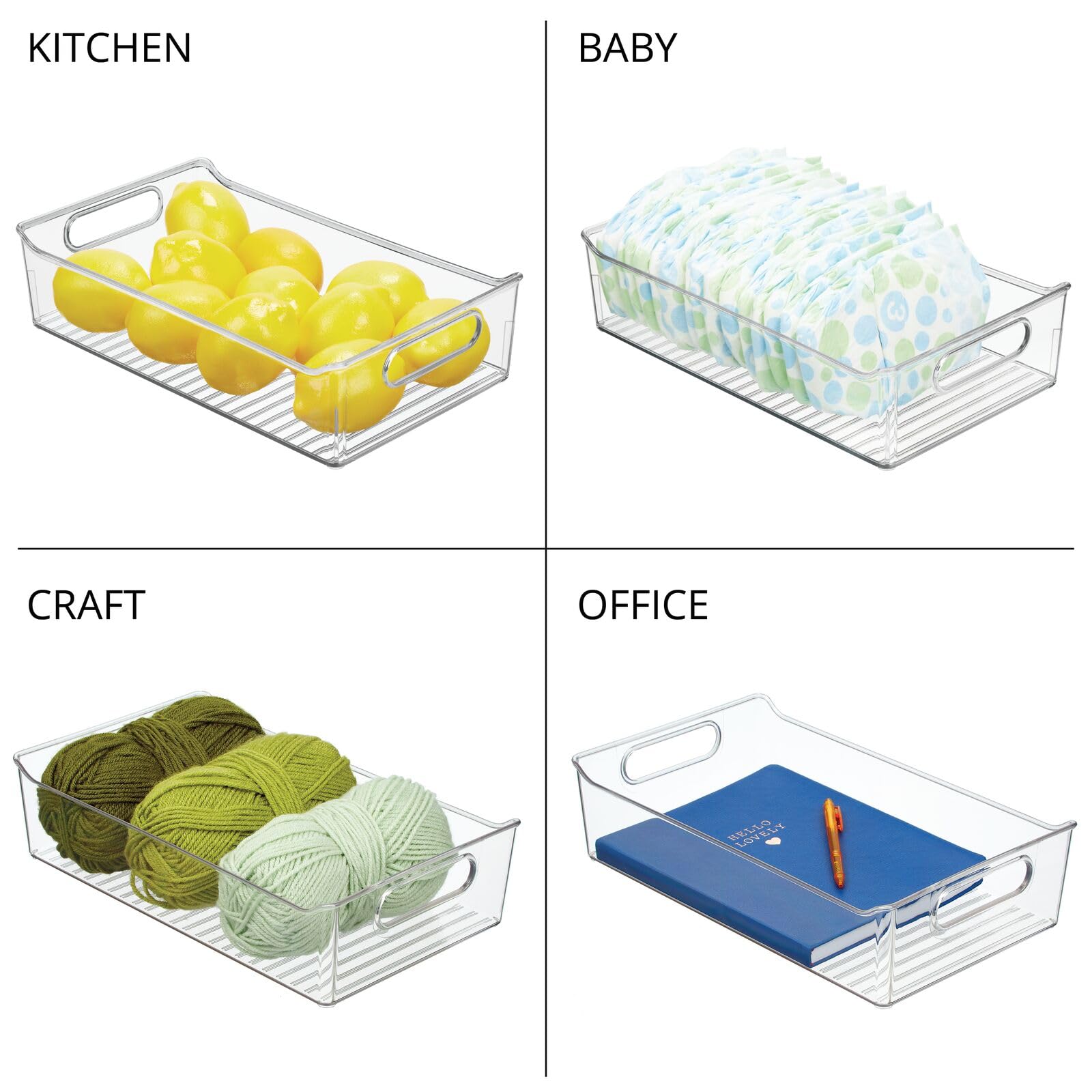 mDesign Slim Plastic Kitchen Storage Container Bins with Handles -Organization in Pantry, Cabinet, Refrigerator or Freezer Shelves - Food Organizer for Fruit, Yogurt, Squeeze Pouches - 4 Pack - Clear