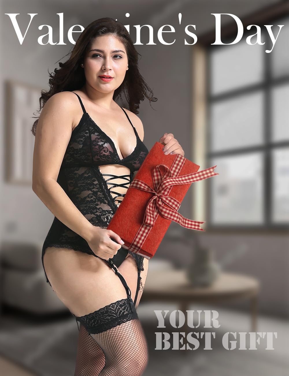 Anyou Plus size Lingerie for Women Stretchy Black Lace Teddy with Stockings Size XXL