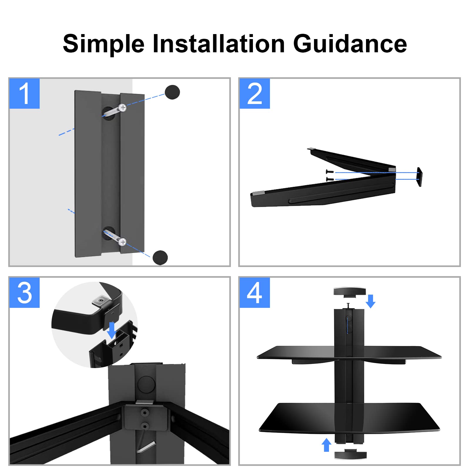 suptek Glass Floating Shelves, TV Wall Mount with Shelf for DVD Player / PS4 / Cable Boxes/Game Consoles/Sky Box/TV Accessories, Media Shelf, Flat Black Wall Mount Bracket, AV Shelf, 2 Tiers Shelves