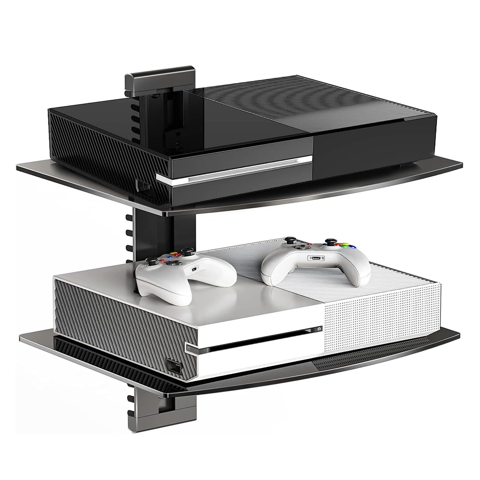 suptek Glass Floating Shelves, TV Wall Mount with Shelf for DVD Player / PS4 / Cable Boxes/Game Consoles/Sky Box/TV Accessories, Media Shelf, Flat Black Wall Mount Bracket, AV Shelf, 2 Tiers Shelves