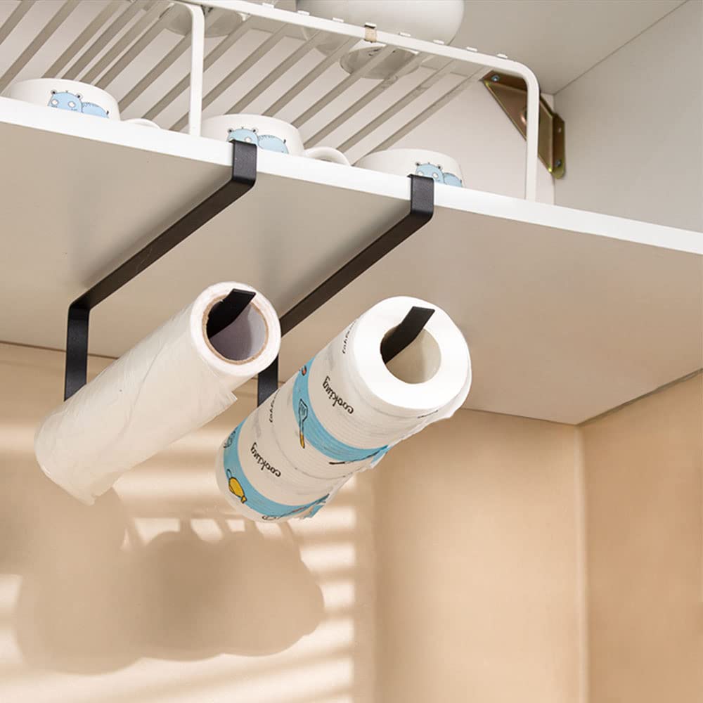LINFIDITE 2 Pack Paper Towel Holder Hanger Kitchen Paper Towel Racks Under Cabinet Sliding Wall Mount Paper Rolls Rack No Drilling Durable Paper Holder for Kitchen Pantry Bathroom Toilet, Black