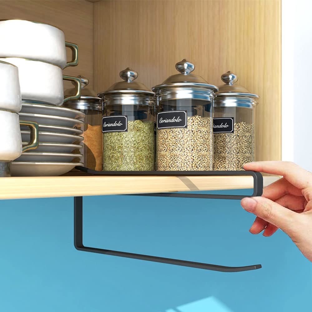 LINFIDITE 2 Pack Paper Towel Holder Hanger Kitchen Paper Towel Racks Under Cabinet Sliding Wall Mount Paper Rolls Rack No Drilling Durable Paper Holder for Kitchen Pantry Bathroom Toilet, Black