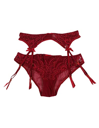 ohyeah Valentine Garter Belt Lingerie Plus Size Garter Belts for Thigh Highs Stockings with Thong Pantie Sets 2 Pcs High Waisted Red Garter Set Lace Suspender Belt with 4 Straps Clip