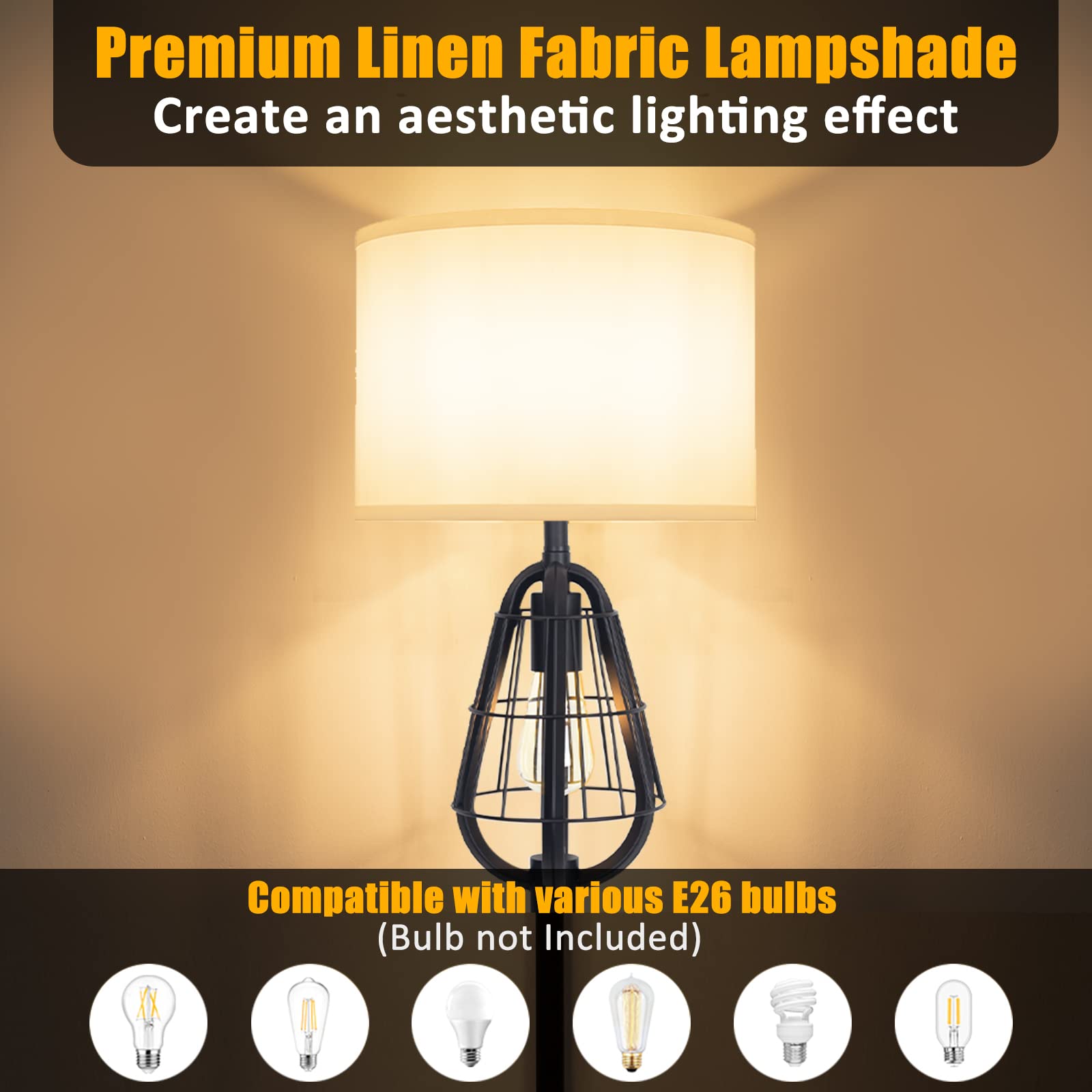Farmhouse Floor Lamp with Night Light - Modern Standing Lamp for Living Room, 2-Light Industrial Tall Lamp with White Drum Shade, Black Pole Light & Stand up Lamp for Bedroom Office,Home, Reading