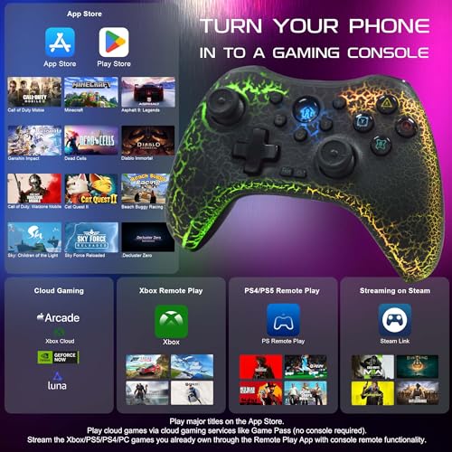 Joso Wireless Controller, Phone Controller for Gaming RGB Light, Game Controller for Switch/PC/iPad/Tablet/Android/iPhone Game Controller with Phone Clip, Custom Buttons, Macro, Turbo, Dual Vibration