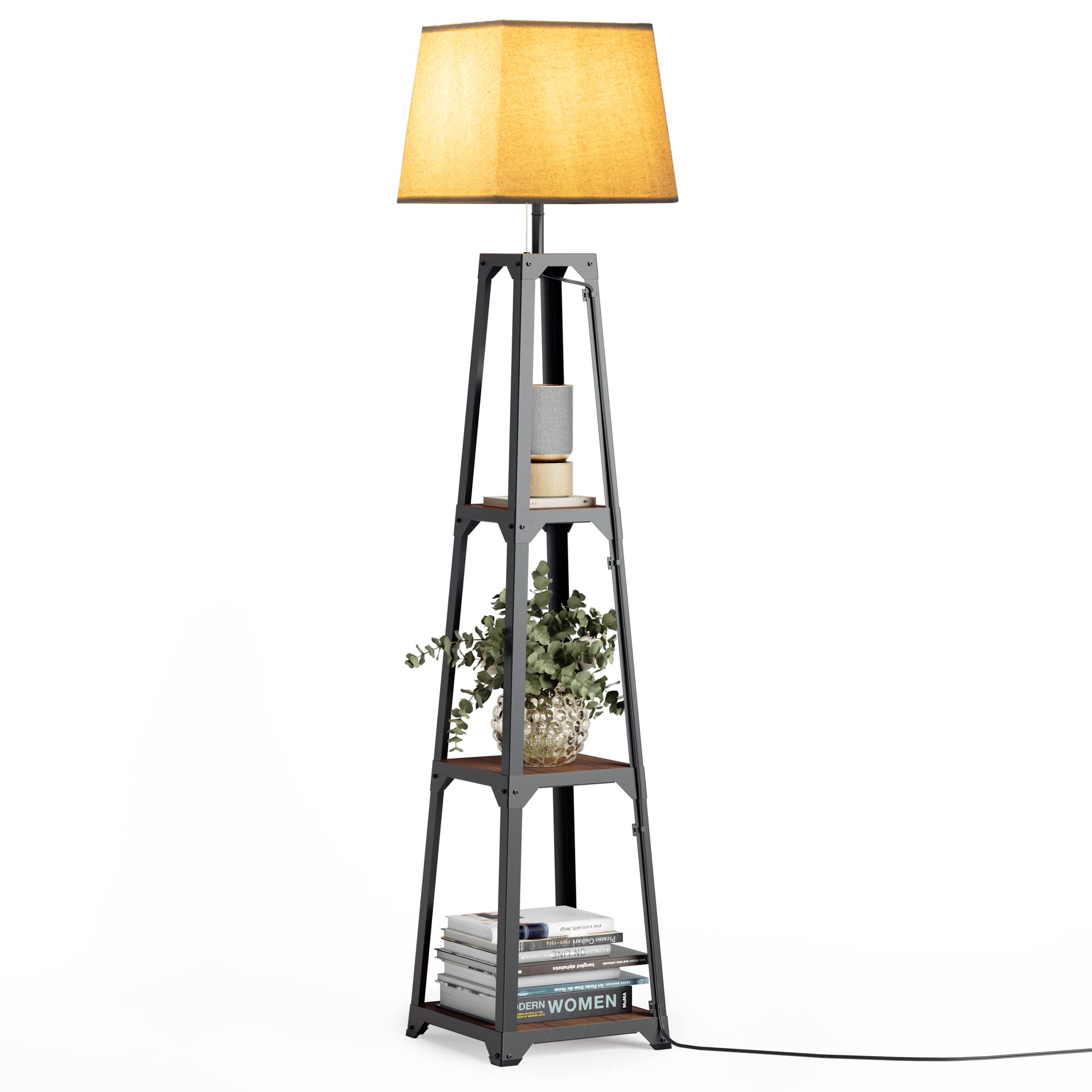 WAMPAT Shelf Floor Lamp Modern Standing Light for Living Rooms and Bedrooms Metal Frame with Open Box Display Shelves Black